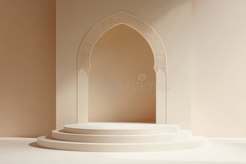 A Minimalist Architectural Space Featuring a Decorative Arch and Tiered ...