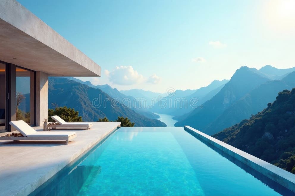 Minimalist Architecture, Infinity Pool Overlooking Mountains , Panorama ...