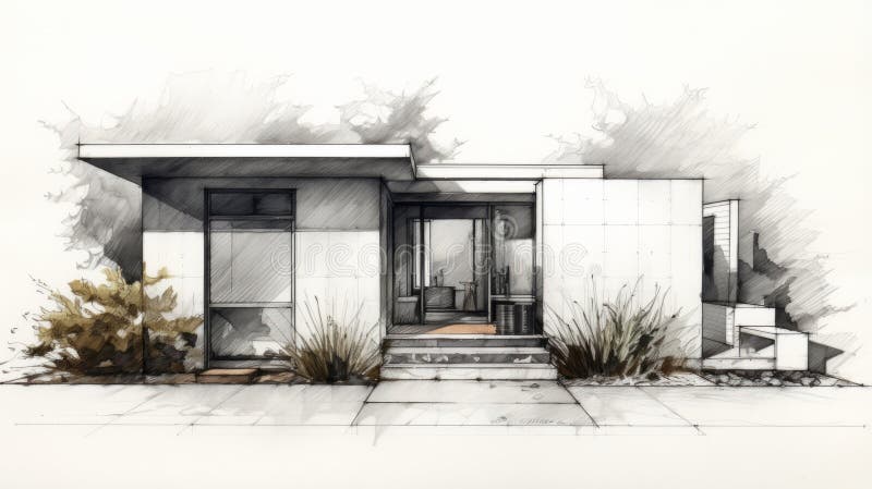 Minimalist Architecture: Ink Drawing of Modern House with Charming ...