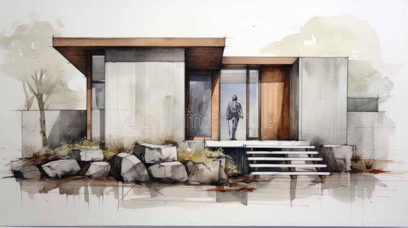 Minimalist Architecture: Watercolor Drawing of a Modern House on a ...