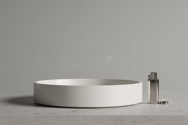 Minimalist Arrangement of a White Bowl and Metallic Lighter on a Gray ...