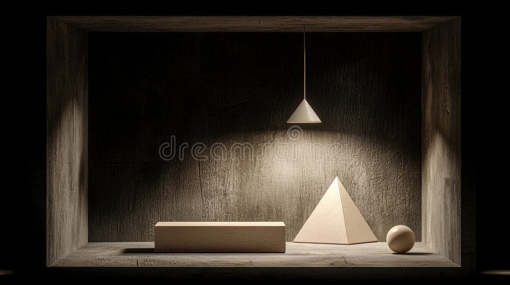 A Minimalist Art Display Featuring a Wooden Cube, Triangular Prism, and ...