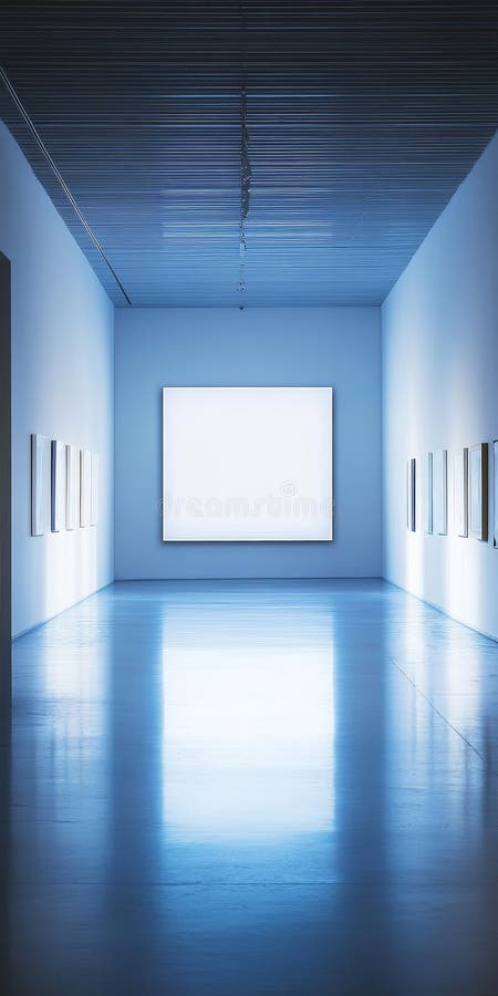 Minimalist Art Gallery with Bright White Square and Reflective Floor in ...