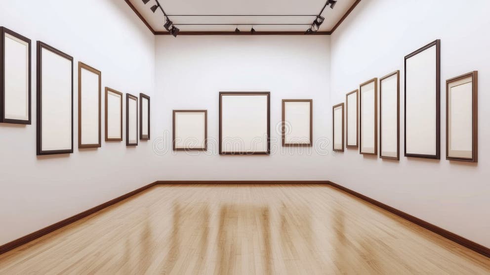 Minimalist Art Gallery Featuring Multiple Empty Frames in a Spacious Interior Setting Stock ...