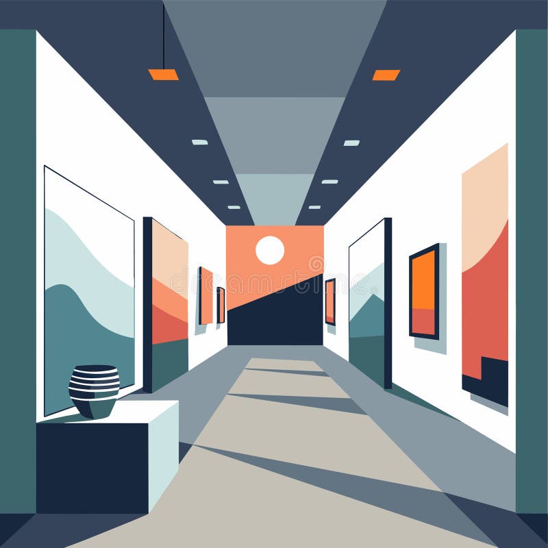 A Minimalist Art Gallery Hallway with White Walls and Framed Artwork on ...