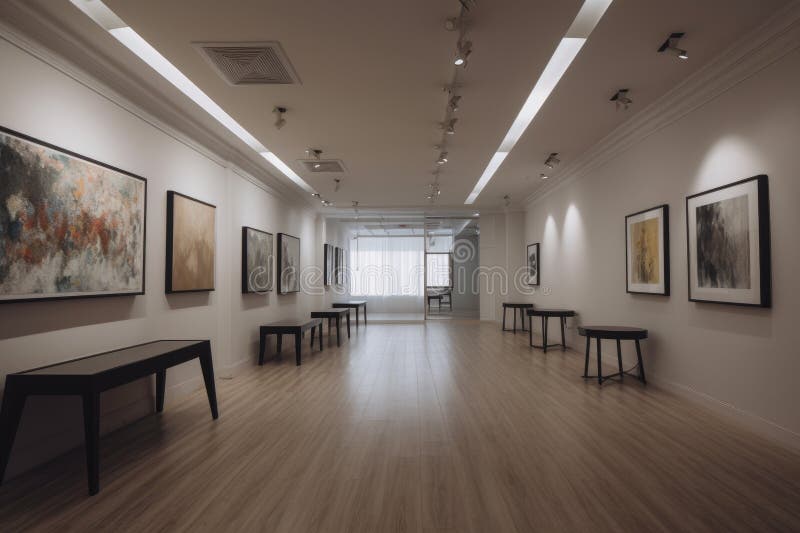 Minimalist Art Gallery, with a Variety of Paintings on Display Stock ...
