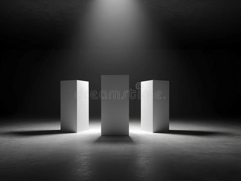 Minimalist Art Installation in a Dark Room Three White Rectangular ...
