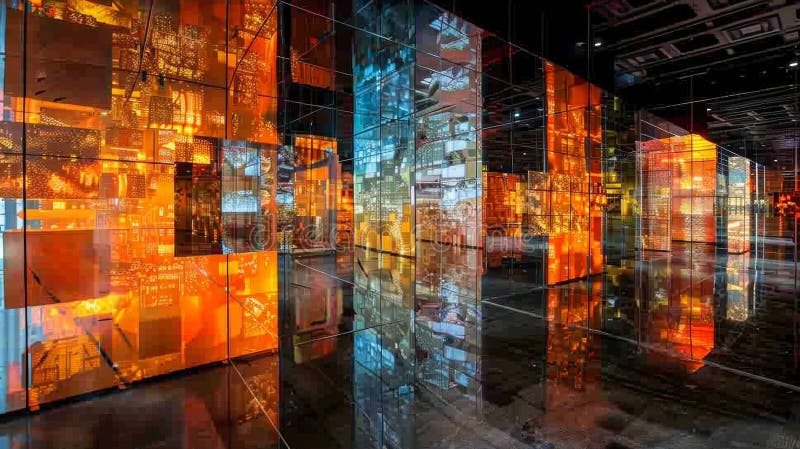 A Minimalist Art Installation is Set Against a Wall of Mirrored Panels ...