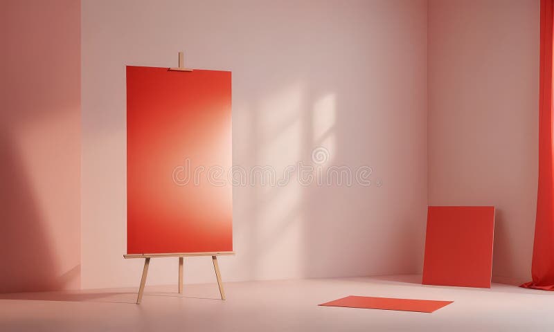 Minimalist Art Studio Features Red Easel, Red Canvas, and Red Sculpture ...