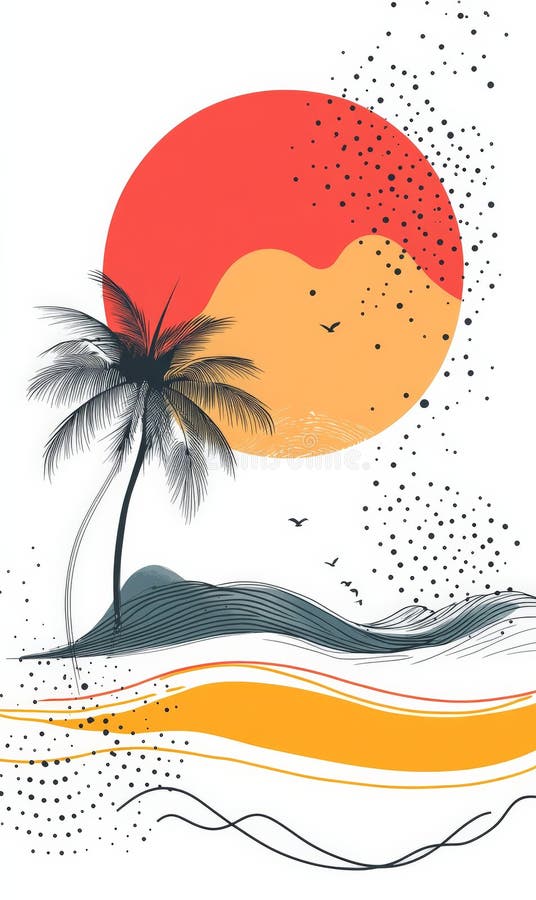 Minimalist Artwork of a Palm Tree with Abstract Sun and Beach Elements ...