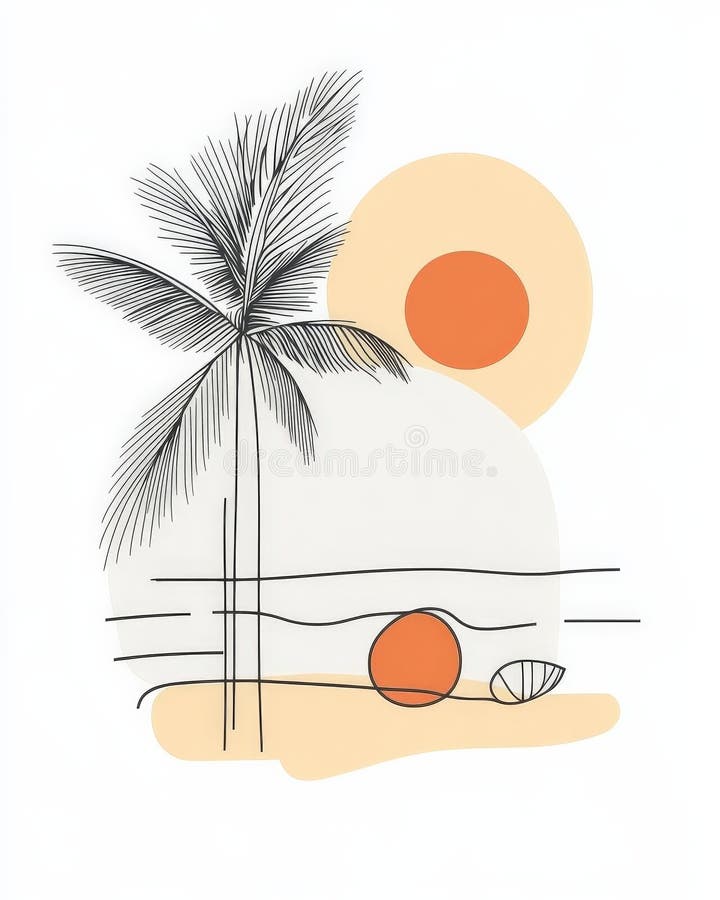 Minimalist Artwork of a Palm Tree with Abstract Sun and Beach Elements ...