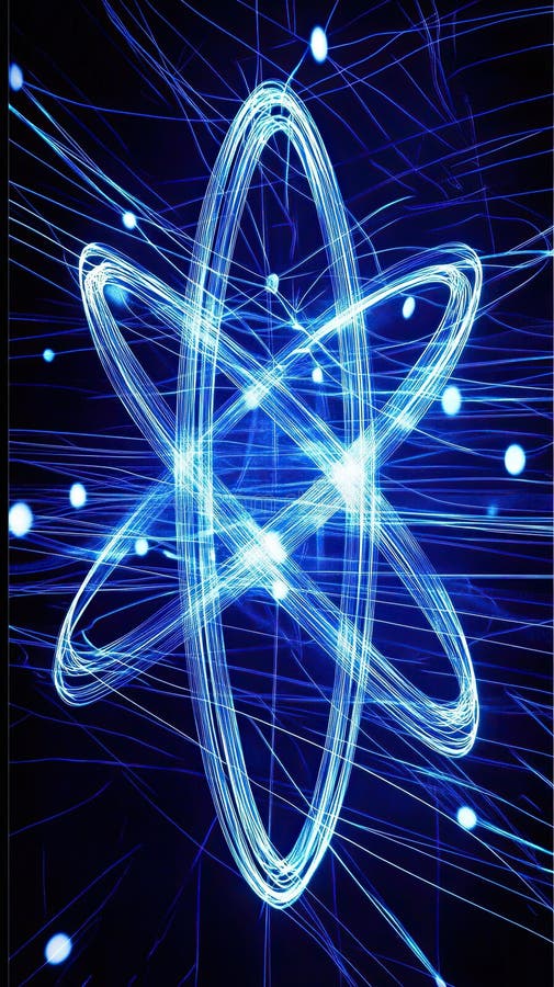 Minimalist Atomic Representation Glowing in Blue and White on a Solid ...