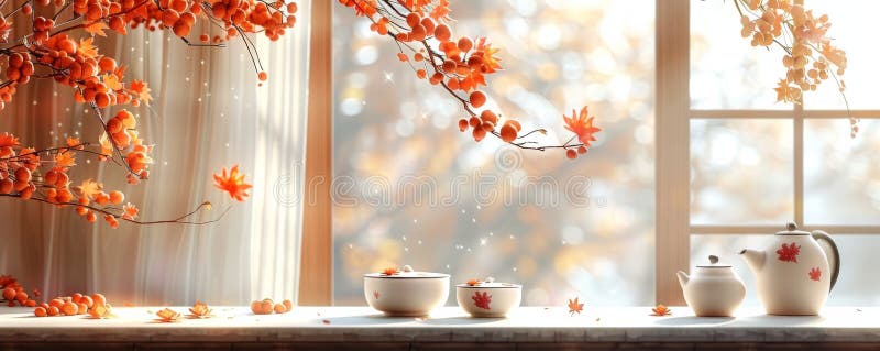 Minimalist Autumn-themed Window View with Tea Set and Falling Leaves in ...
