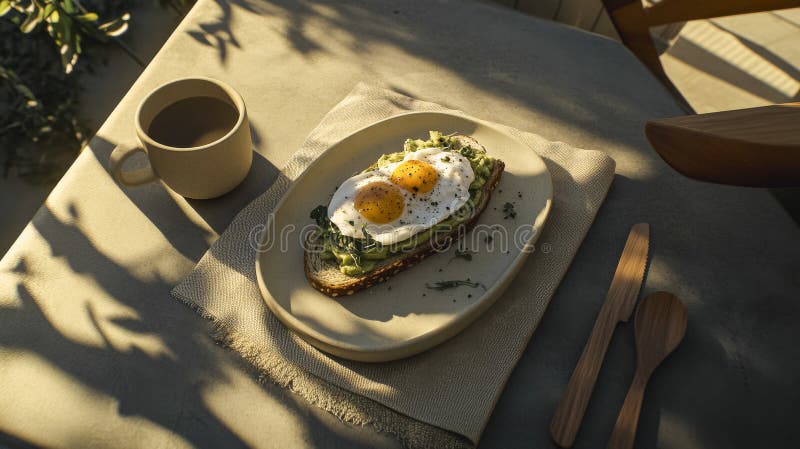 Minimalist Avocado Toast with Eggs and Coffee in Sunlit Setting for ...