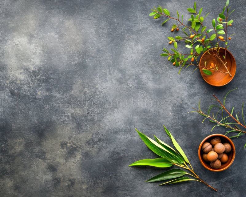 Dark Slate Background with Greenery and Rustic Bowls, Minimalist and ...