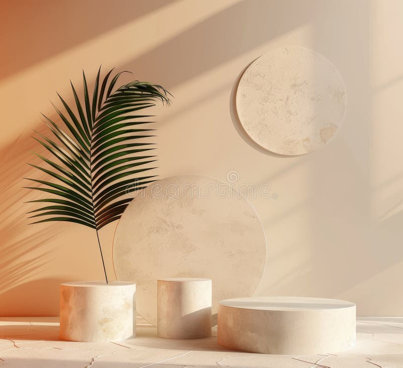 Minimalist Background with Abstract Shapes and Tropical Leaf in Neutral ...