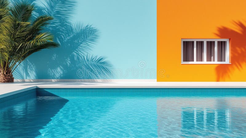 Minimalist Backyard with a Blue Swimming Pool, an Orange Facade, and ...