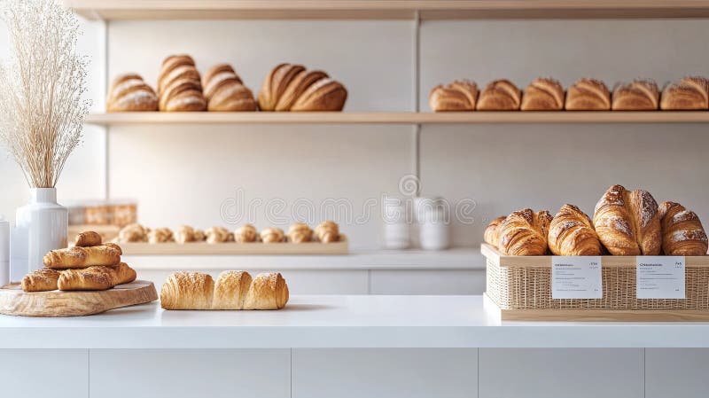 A Minimalist Bakery Display with Croissants and Bread on Clean White ...