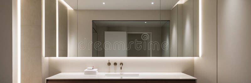 Minimalist Bathroom with Clean Lines a Large Mirror and Soft Lighting ...