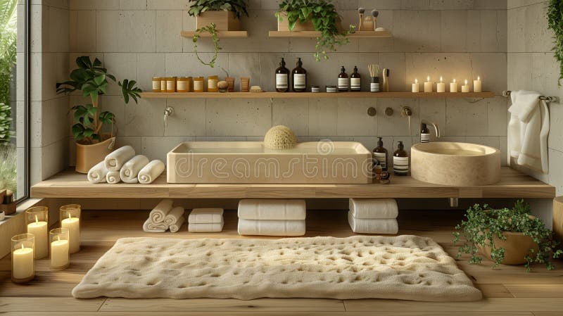 Minimalist Bathroom Spa Setup with Candles and Towels Stock Photo ...