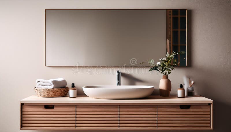 Minimalist Bathroom Vanity with Large Mirror and Modern Sink. 3D ...
