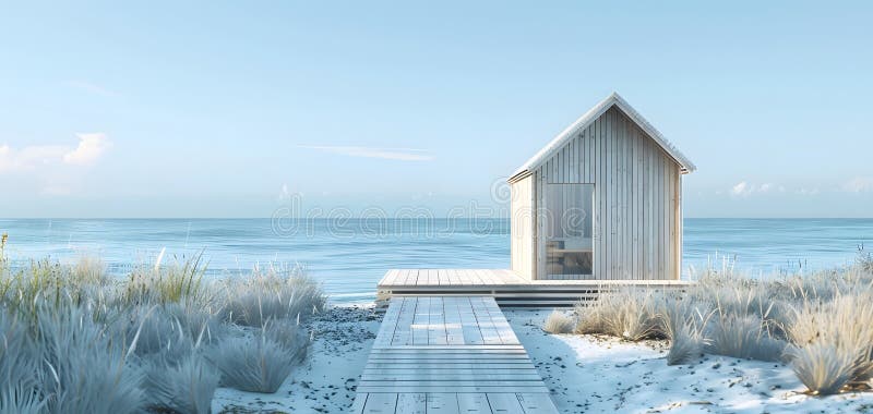 Minimalist Beach Hut Design with Wooden Pathway by Tranquil Ocean Stock ... Minimalist Beach Hut Design with Wooden Pathway by Tranquil Ocean Stock ...