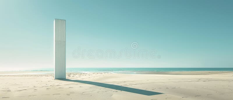 Minimalist Beach Scene with Vertical Structure and Clear Blue Sky Stock ...