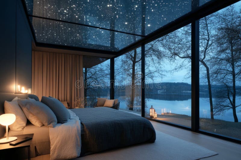 Minimalist Bedroom with Big Windows and a Ceiling with a Starry Night ...