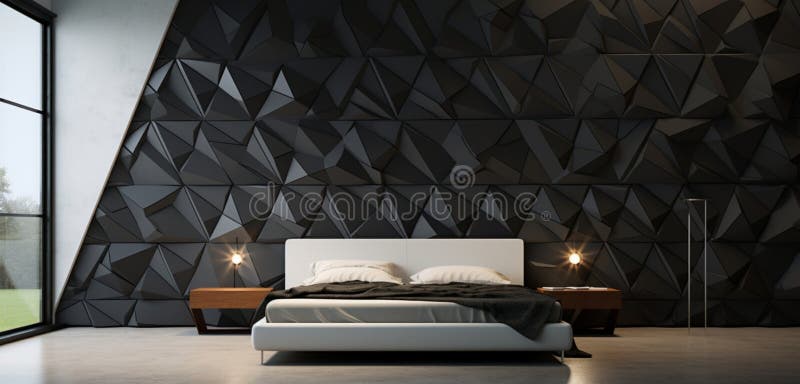 A Minimalist Bedroom with a 3D Triangular Wall Pattern in Black and ...