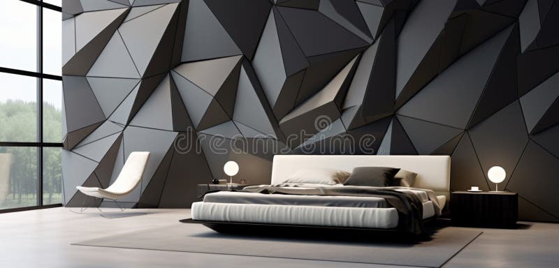 A Minimalist Bedroom with a 3D Triangular Wall Pattern in Black and ...