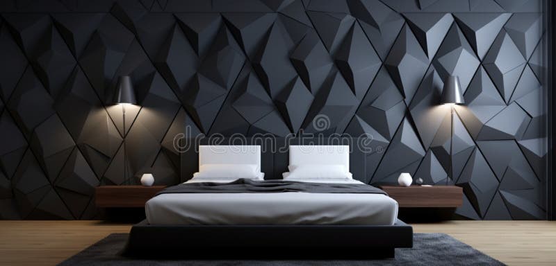 A Minimalist Bedroom with a 3D Triangular Wall Pattern in Black and ...