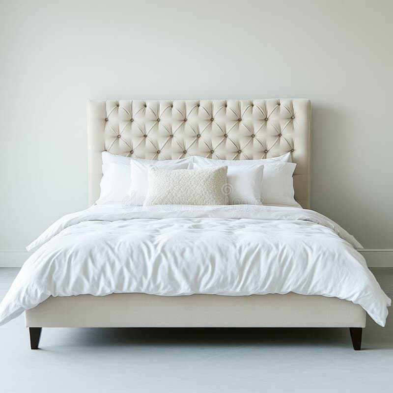 Minimalist Bedroom Design with Elegant Ivory Upholstered Bed Stock ...