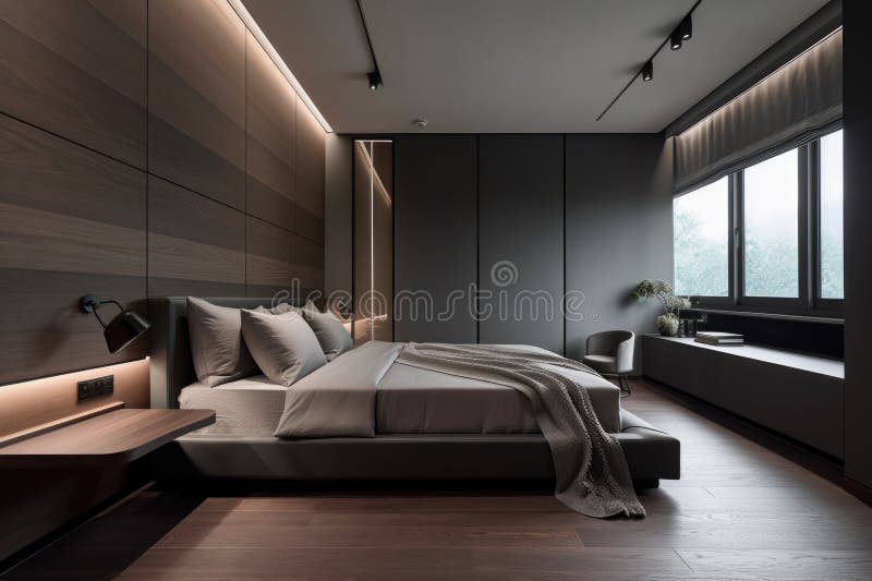 Minimalist Bedroom with Dramatic Overhead Lighting and Sleek Surfaces ...