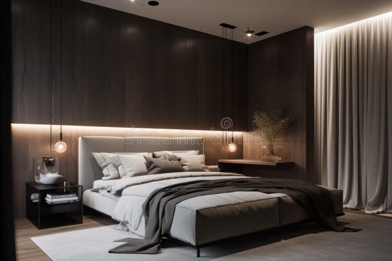 Minimalist Bedroom with Dramatic Overhead Lighting and Sleek Surfaces ...