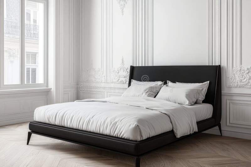 A Minimalist Bedroom Featuring a Black Bed Frame, White Bedding, and ...