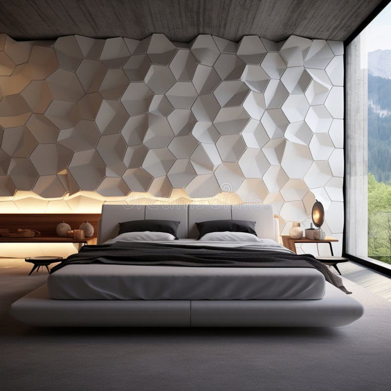 A Minimalist Bedroom Featuring a White 3D Honeycomb Wall Pattern Stock ...