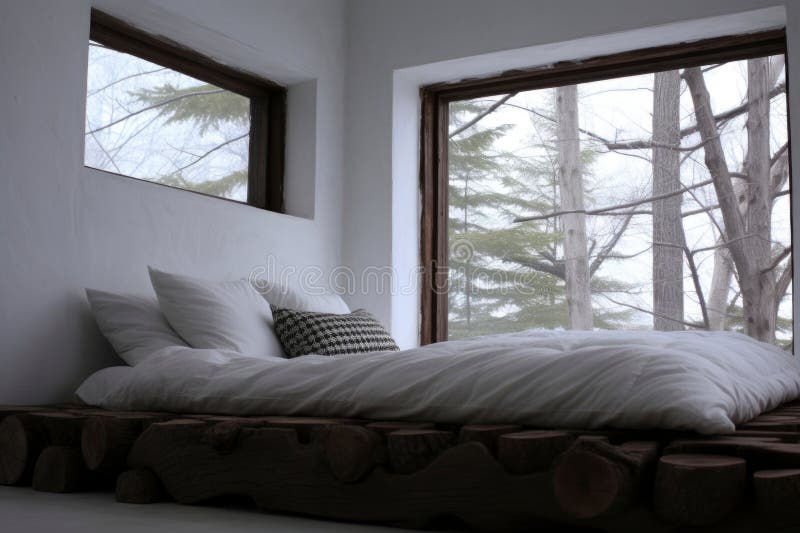 A Minimalist Bedroom Interior with a Cozy Bed and Large Windows ...