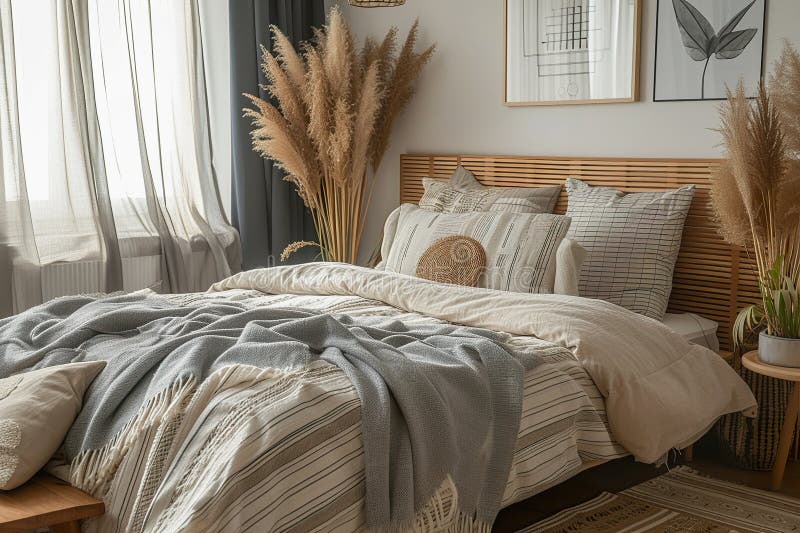 Minimalist Bedroom with Natural Tones and Textures Stock Image - Image ...