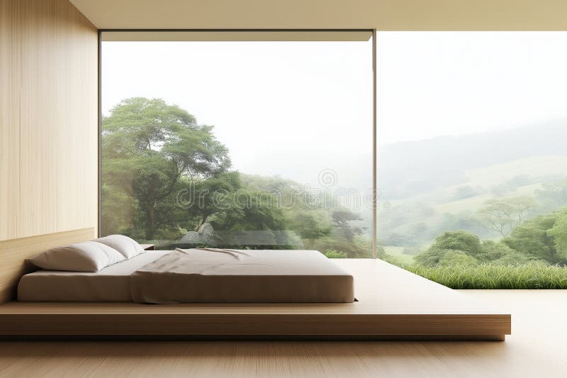 Minimalist Bedroom with Panoramic Nature View from Large Window in ...