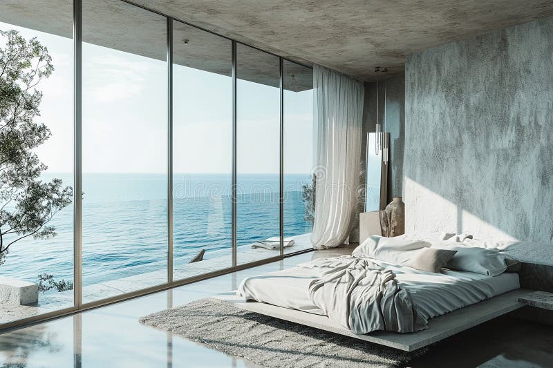 Minimalist Bedroom with Panoramic Ocean Sea View: Modern Coastal ...