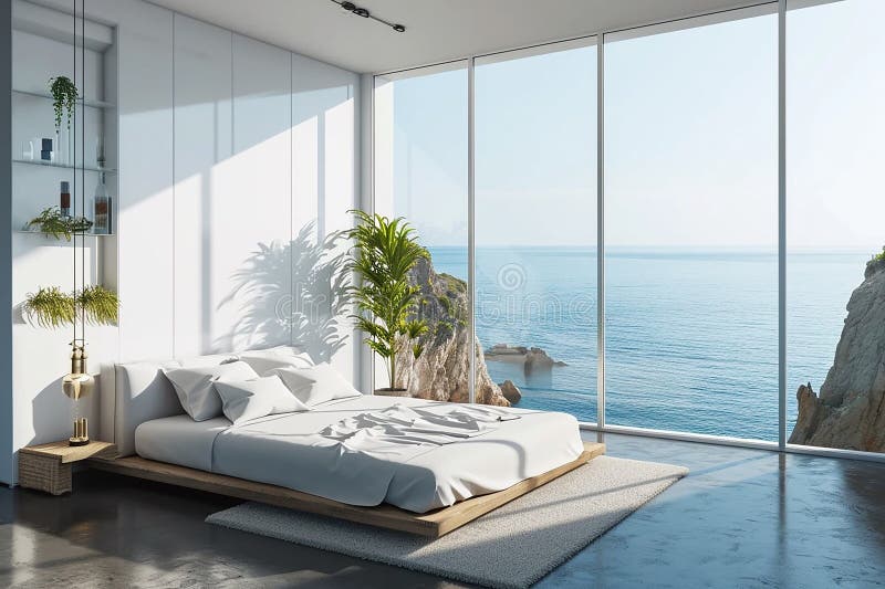 Minimalist Bedroom with Panoramic Ocean Sea View: Modern Coastal ...