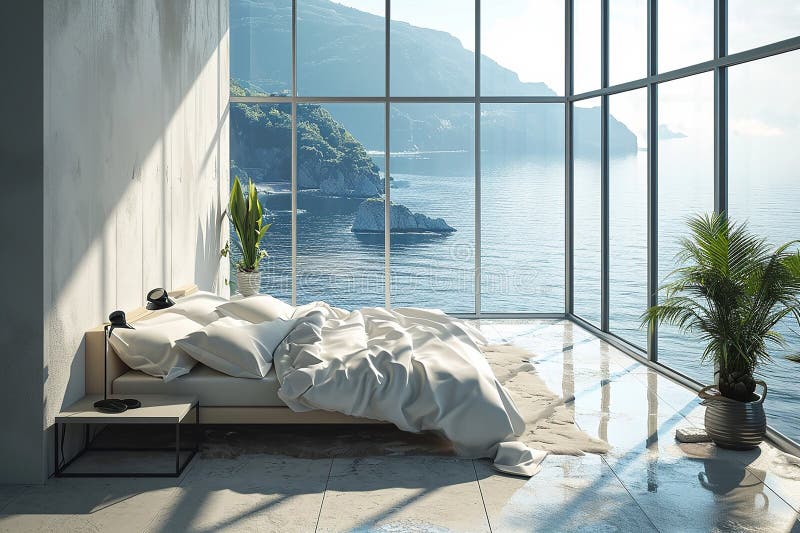Minimalist Bedroom with Panoramic Ocean Sea View: Modern Coastal ...