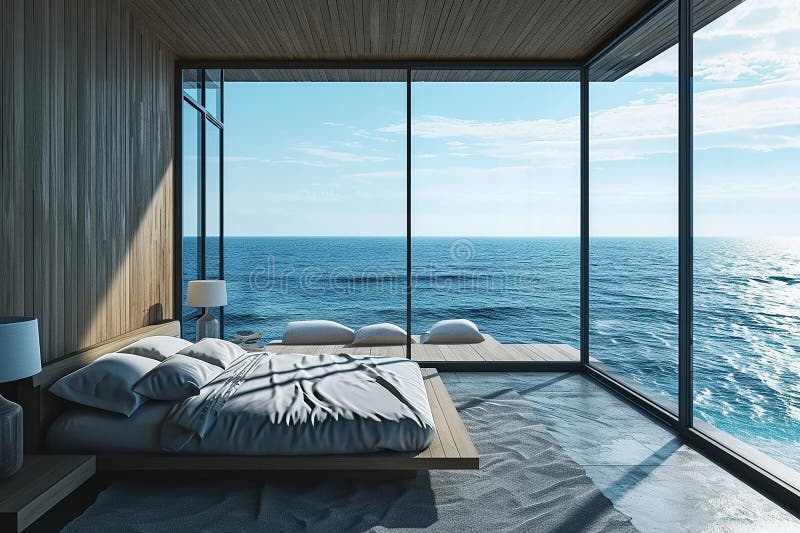 Minimalist Bedroom with Panoramic Ocean Sea View: Modern Coastal ...