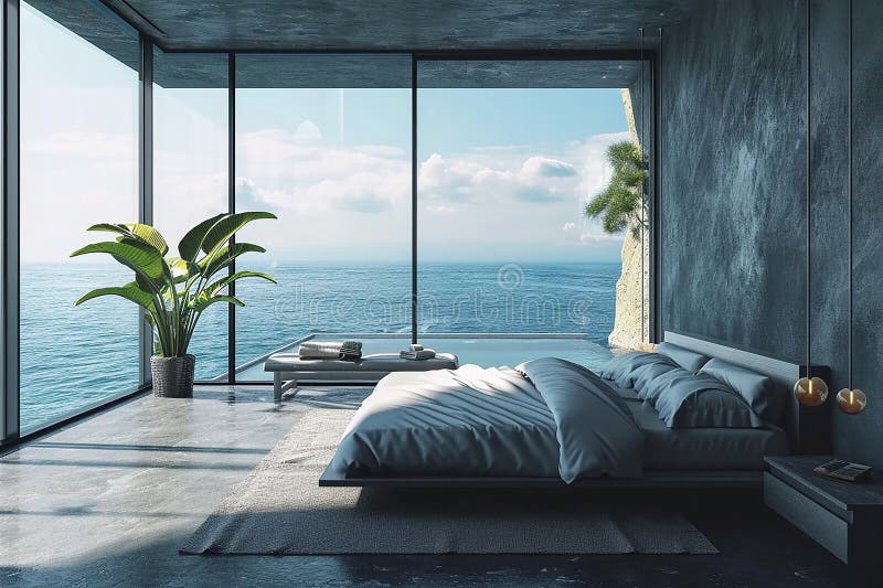 Minimalist Bedroom with Panoramic Ocean Sea View: Modern Coastal ...