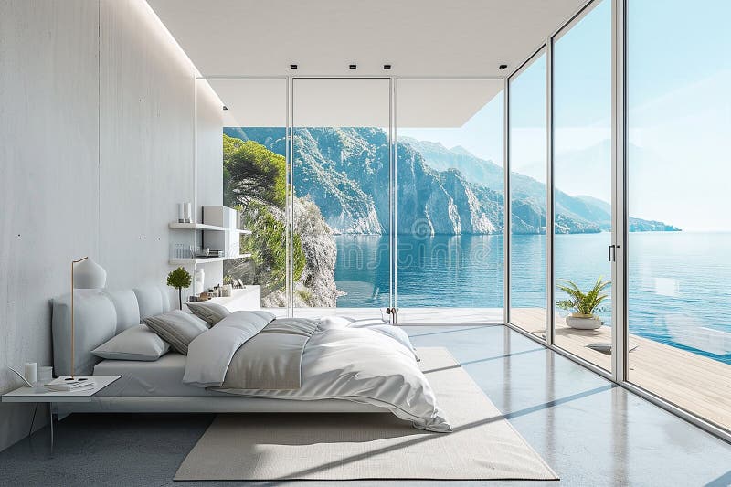Minimalist Bedroom with Panoramic Ocean Sea View: Modern Coastal ...