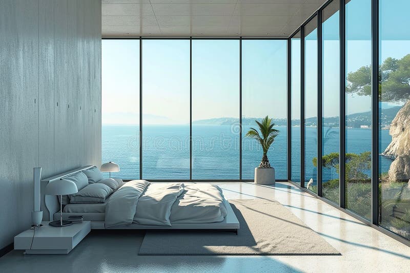 Minimalist Bedroom with Panoramic Ocean Sea View: Modern Coastal ...