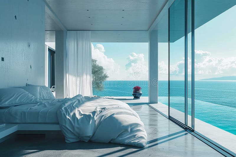 Minimalist Bedroom with Panoramic Ocean Sea View: Modern Coastal ...