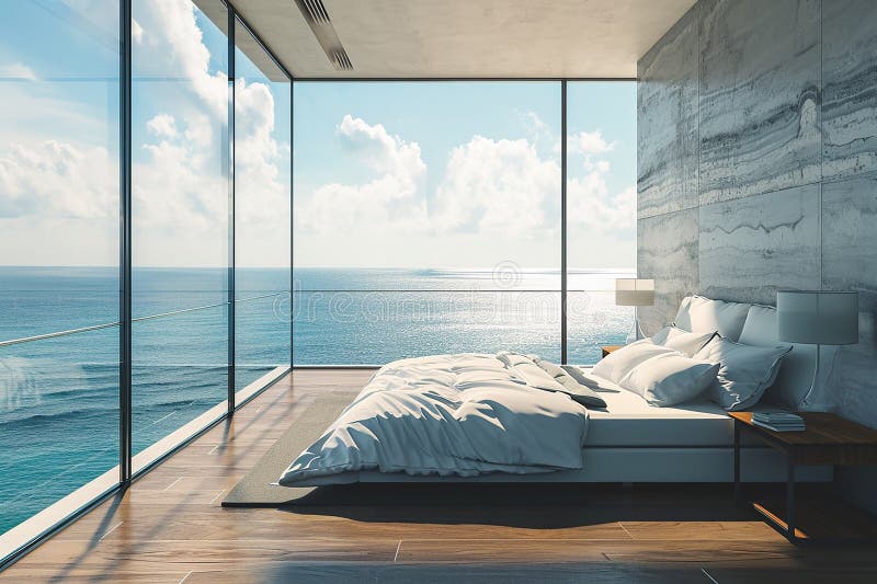 Minimalist Bedroom with Panoramic Ocean Sea View: Modern Coastal ...