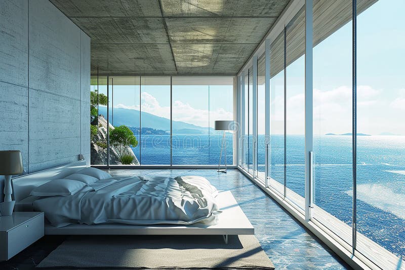 Minimalist Bedroom with Panoramic Ocean Sea View: Modern Coastal ...