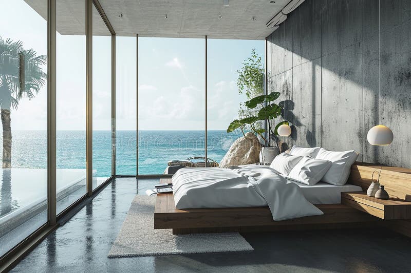 Minimalist Bedroom with Panoramic Ocean Sea View: Modern Coastal ...